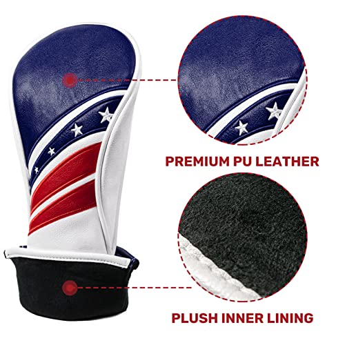 SAPLIZE Golf Club Head Covers Fits Driver Fairway Wood and Hybrid, Premium PU Leather Golf Headcovers for Clubs Protector, Embroidered Stars and Stripes Flag Design