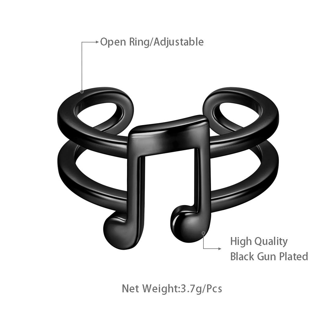 beautlace Musical Note Adjustable Rings Black Gun Plated Love Heart Treble Clef Music Note Open Ring Jewelry Gifts for Music Lover KR0039K