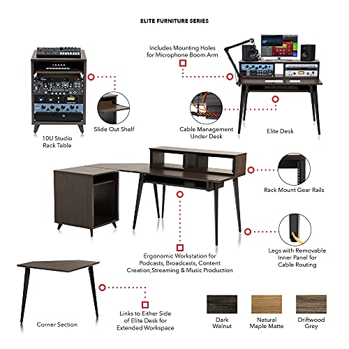 Gator Frameworks Elite Series 10U Studio Rack Desk with Slide-Out Tray and Rear Cable Passthrough; Dark Walnut Finish (GFW-ELITEDESKRK-BRN)