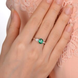 Lanmi Natural Green Emerald Diamond Ring Solid 14K White Gold Anniversary Wedding Band for Women's Gift