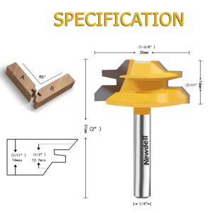 45 Degree Lock Miter Router Bit 1/4 Shank, Newdeli 1/2 Stock Joint Woodworking Router Bit, Suitable for Furniture Oblique Tenon Interface Making (90-Degree Tenon Joint Woodworking)