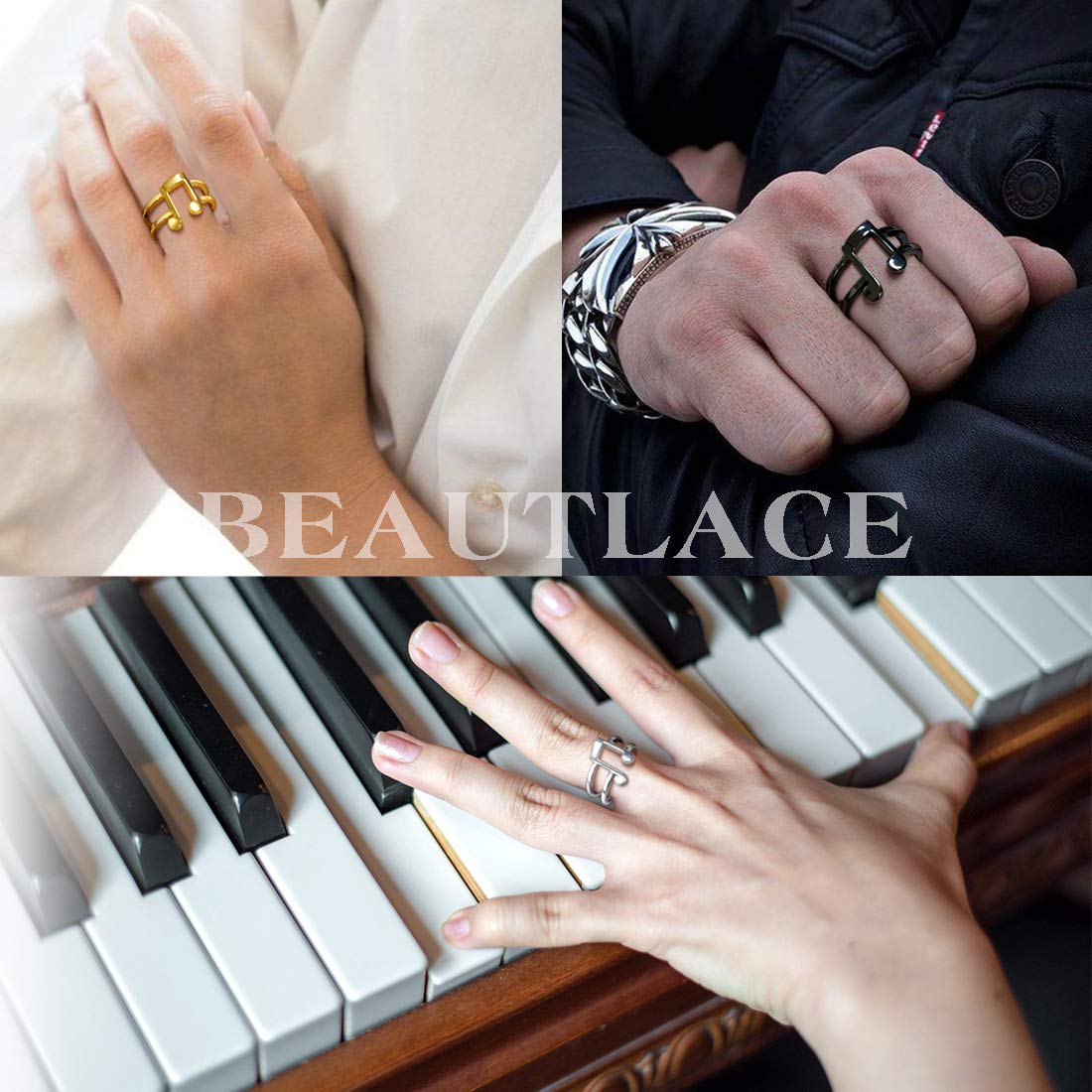 beautlace Musical Note Adjustable Rings Black Gun Plated Love Heart Treble Clef Music Note Open Ring Jewelry Gifts for Music Lover KR0039K