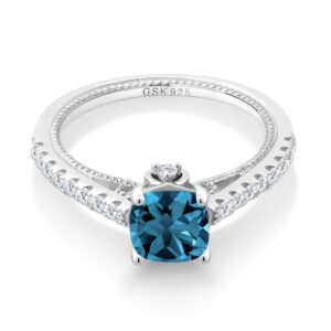 gem stone king 925 sterling silver london blue topaz and white created sapphire engagement ring for women (1.45 cttw, cushion 6mm, gemstone november birthstone, available in size 5, 6, 7, 8, 9)