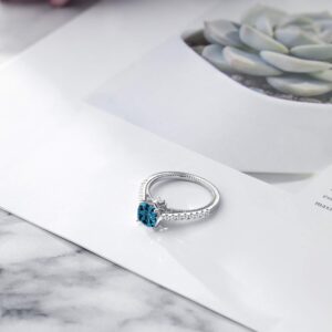 Gem Stone King 925 Sterling Silver London Blue Topaz and White Created Sapphire Engagement Ring For Women (1.45 Cttw, Cushion 6MM, Gemstone November Birthstone, Available In Size 5, 6, 7, 8, 9)