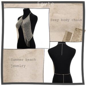 Foyte Sexy Pearl Tassels Body Chains Summer Bikini Gold Body Chain Beach Bra Body Chain Sparkly Body Accessorices for Women and Girls (Pearl)