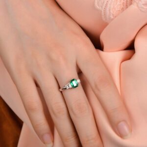 Lanmi Natural Green Emerald Diamond Ring Solid 14K White Gold Anniversary Wedding Band for Women's Gift