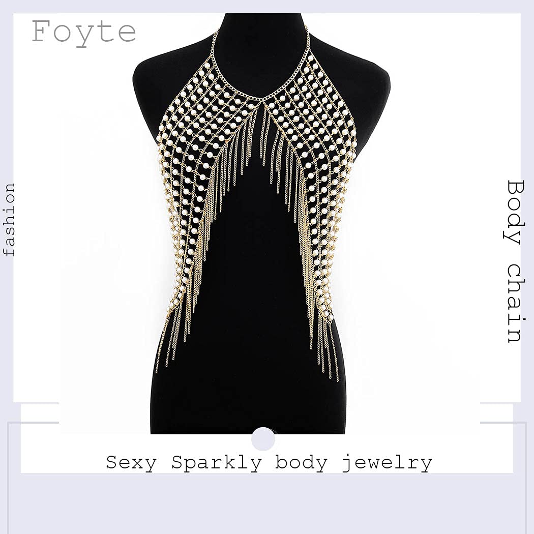 Foyte Sexy Pearl Tassels Body Chains Summer Bikini Gold Body Chain Beach Bra Body Chain Sparkly Body Accessorices for Women and Girls (Pearl)