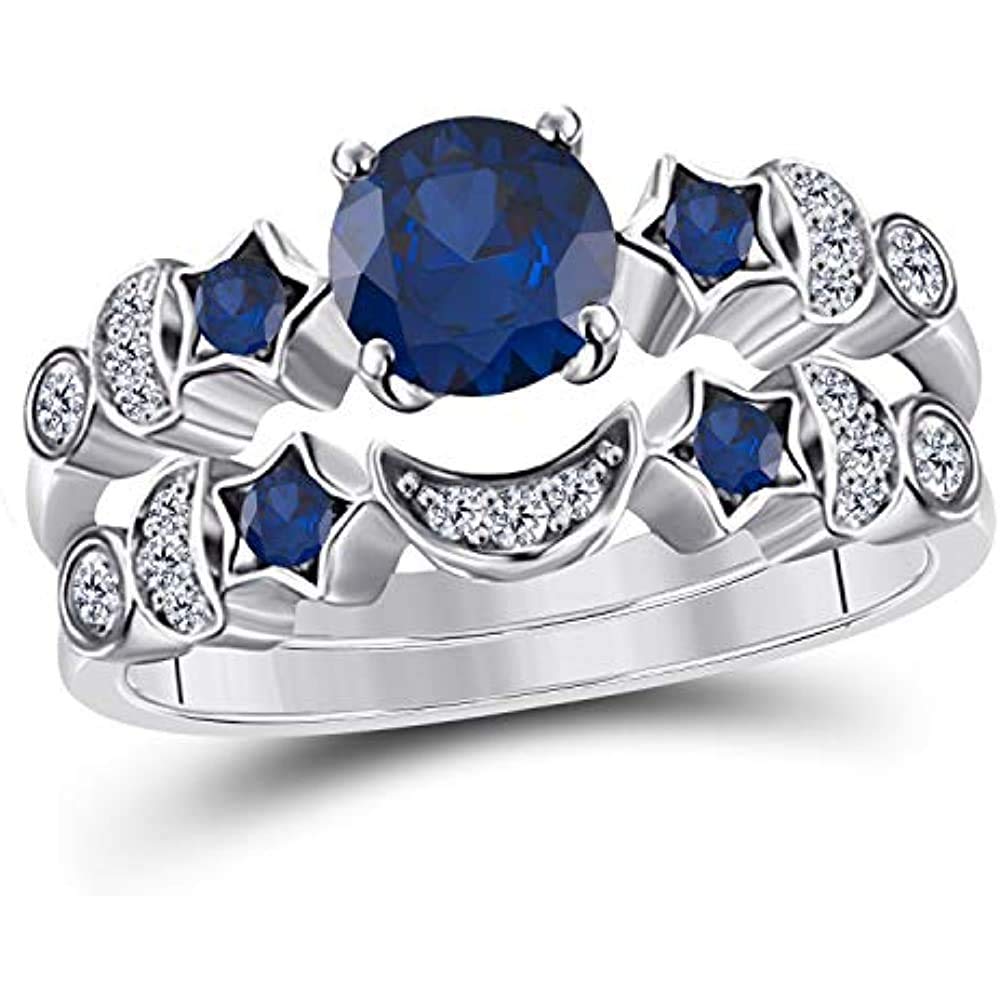 Reyansh Fashion Created Round Cut Blue Sapphire 925 Sterling Silver 14K Gold Over Diamond Moon Star Style Wedding Band Bridal Ring Set for Women