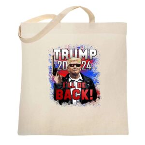 pop threads donald trump 2024 i'll be back president maga canvas tote bag natural 15x15 inches