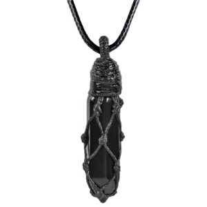 sunyik hexagonal crystal point pendant necklace with wax rope wrapped, wrapped stone wand necklace for women men, obsidian