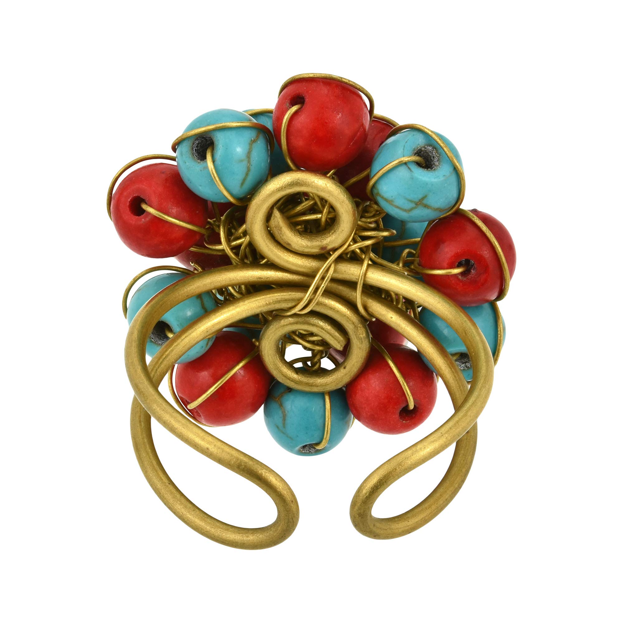 AeraVida Stylish Oversized Simulated Blue Turquoise & Reconstructed Red Coral Beaded Cluster with Brass Wire Adjustable Fit Statement Ring