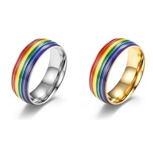 2 pcs rainbow pride ring two-tone rainbow inlay lover wedding engagement bands 8mm width stainless steel pride parade rainbow ring promise couples rings for women men-9