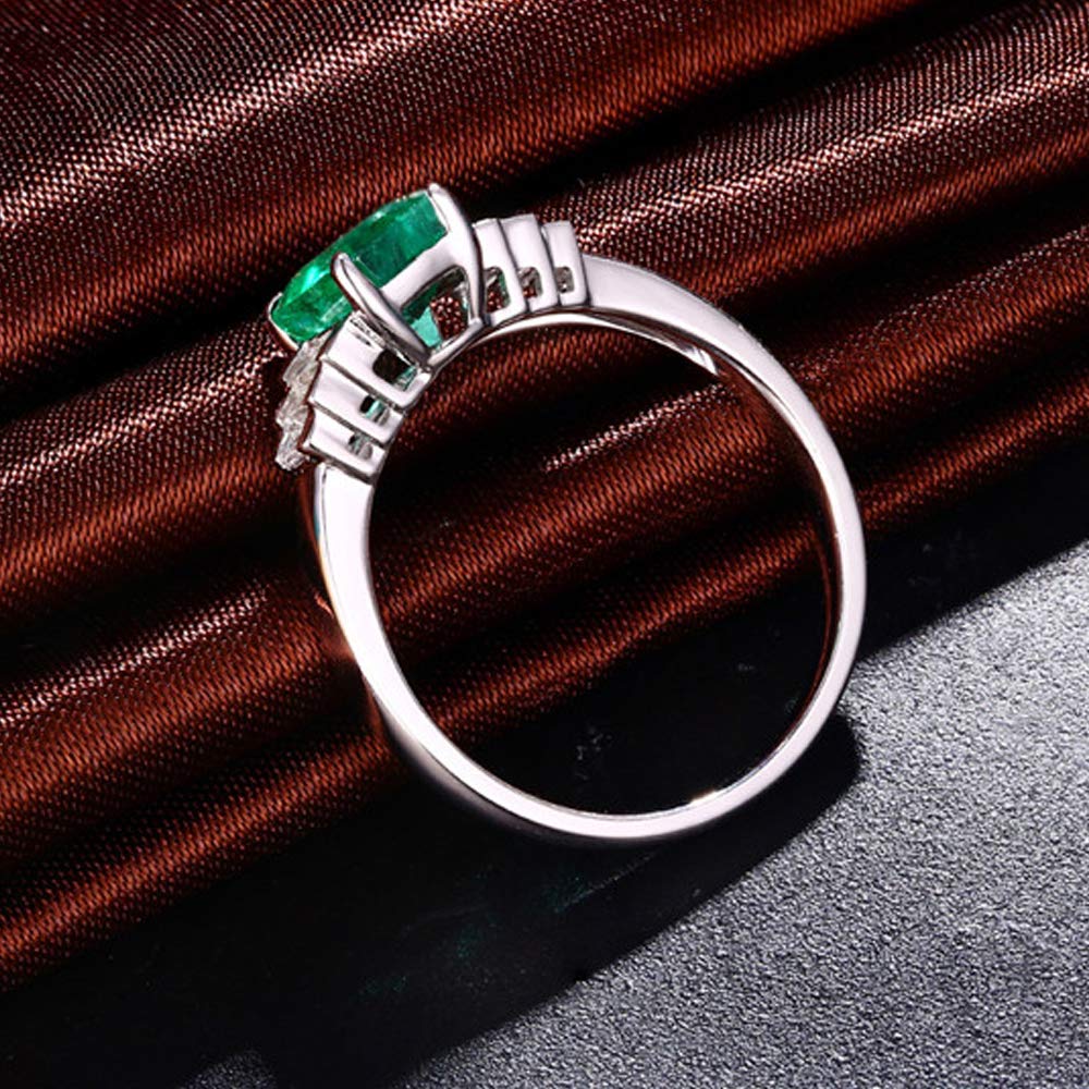 Lanmi Natural Green Emerald Diamond Ring Solid 14K White Gold Anniversary Wedding Band for Women's Gift