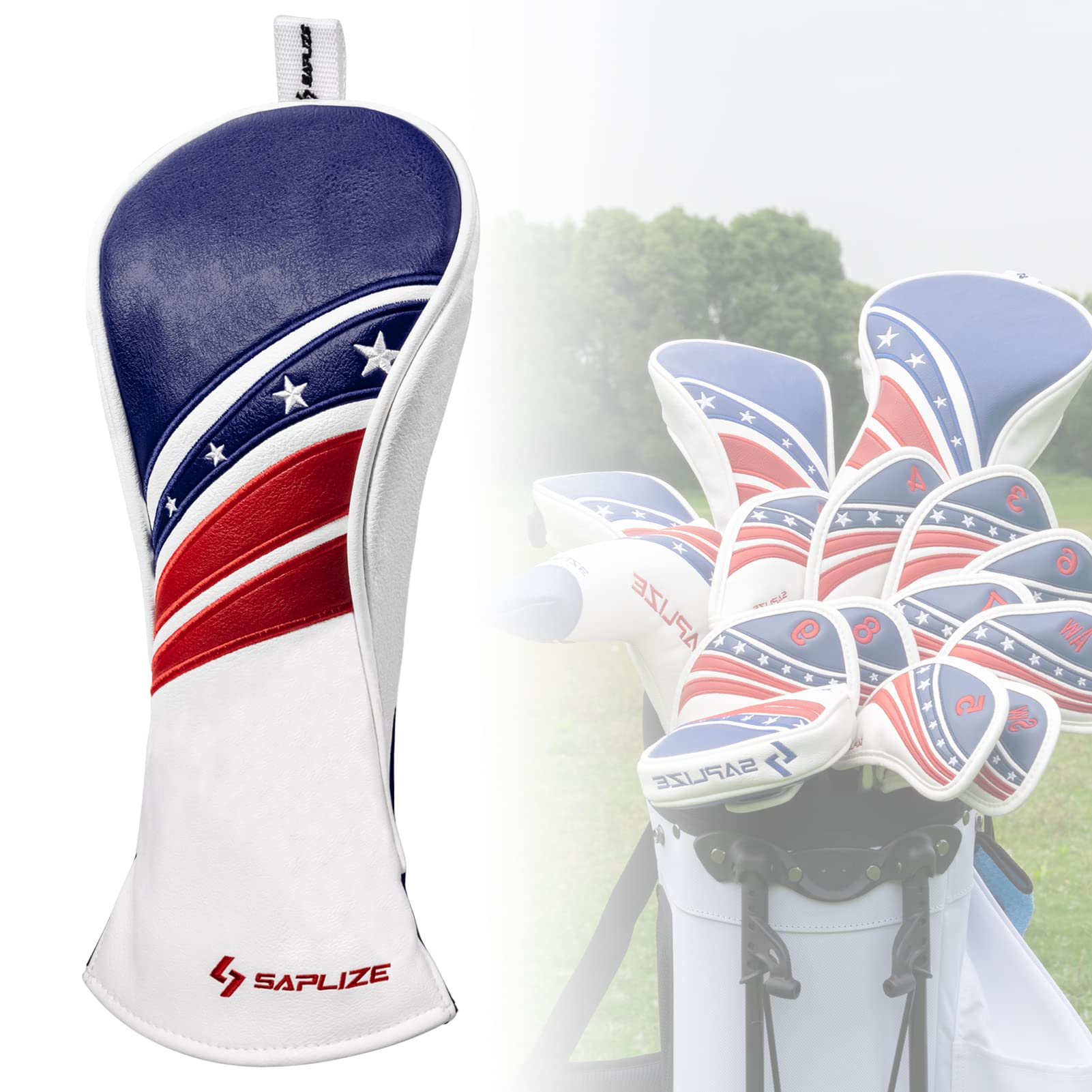 SAPLIZR Golf Club Head Covers Fits Driver, Premium PU Leather Golf Headcovers for Clubs Protector, Embroidered Stars and Strips Flag Design