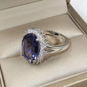 Bicheng Jewelry Royal Blue Oval Cubic Zirconia Simulated Sapphire CZ Crown Halo Engagement for Women Thin Band Wedding Ring (10)