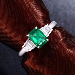 Lanmi Natural Green Emerald Diamond Ring Solid 14K White Gold Anniversary Wedding Band for Women's Gift