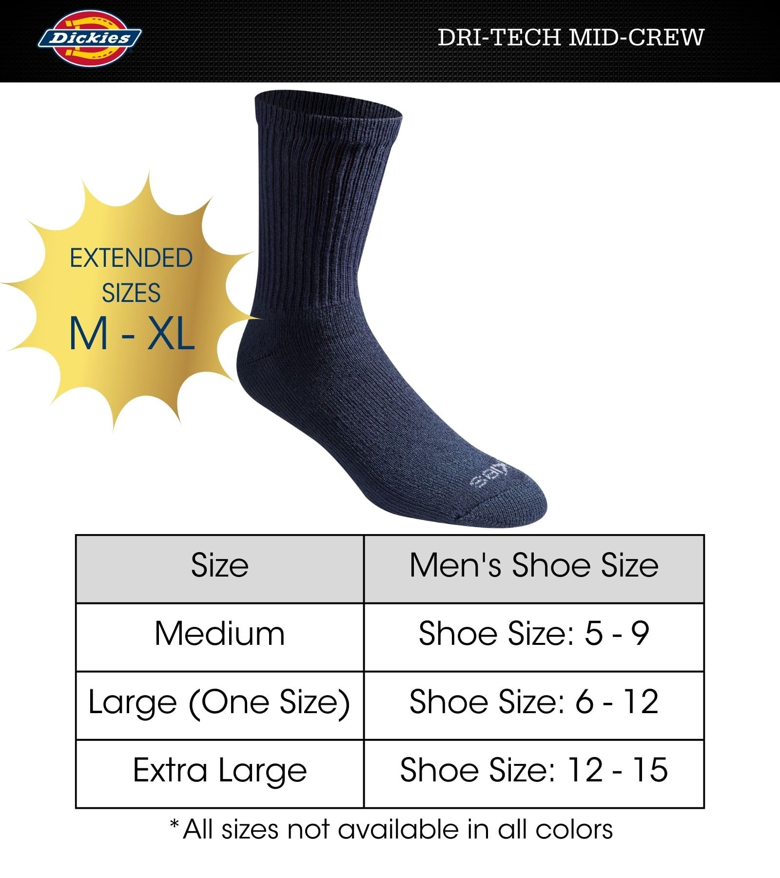 Dickies Mens Dri-tech Moisture Control Comfort Length Mid-crew Socks Comfort Length Navy (12 Pairs) Shoe Size: 6-12