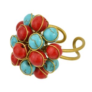 AeraVida Stylish Oversized Simulated Blue Turquoise & Reconstructed Red Coral Beaded Cluster with Brass Wire Adjustable Fit Statement Ring