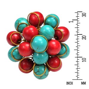 AeraVida Stylish Oversized Simulated Blue Turquoise & Reconstructed Red Coral Beaded Cluster with Brass Wire Adjustable Fit Statement Ring