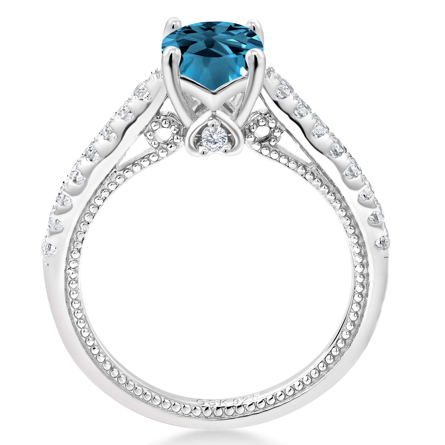 Gem Stone King 925 Sterling Silver London Blue Topaz and White Created Sapphire Engagement Ring For Women (1.45 Cttw, Cushion 6MM, Gemstone November Birthstone, Available In Size 5, 6, 7, 8, 9)