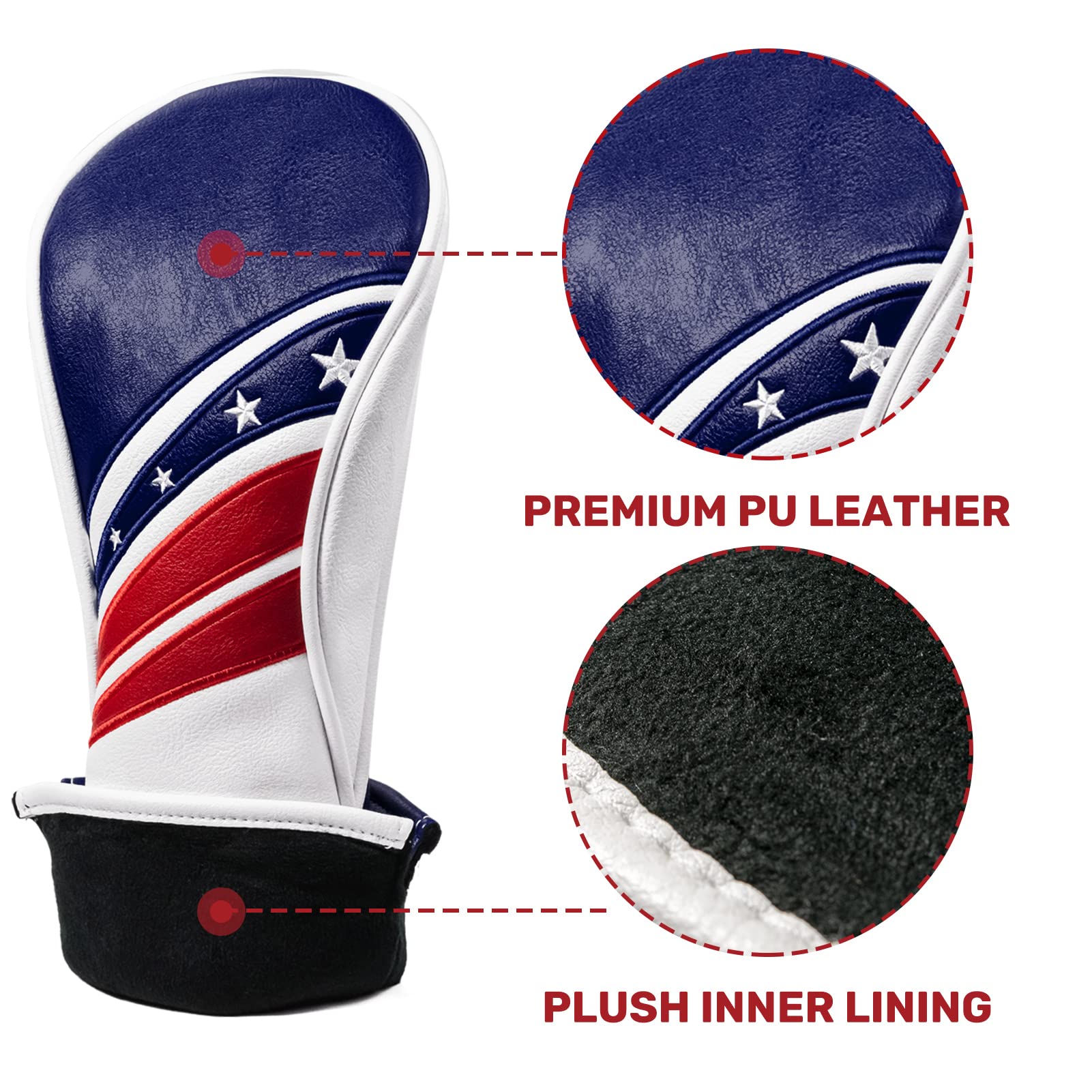 SAPLIZR Golf Club Head Covers Fits Driver, Premium PU Leather Golf Headcovers for Clubs Protector, Embroidered Stars and Strips Flag Design