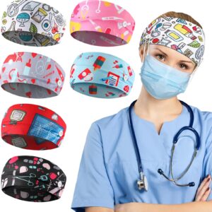 6 pieces button headbands non slip nurse headbands stretchy headwraps nonslip yoga sweatbands with ear protection holder elastic headscarves for yoga, running, and exercise, 6 styles (cute pattern)