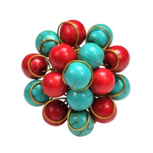 aeravida stylish oversized simulated blue turquoise & reconstructed red coral beaded cluster with brass wire adjustable fit statement ring