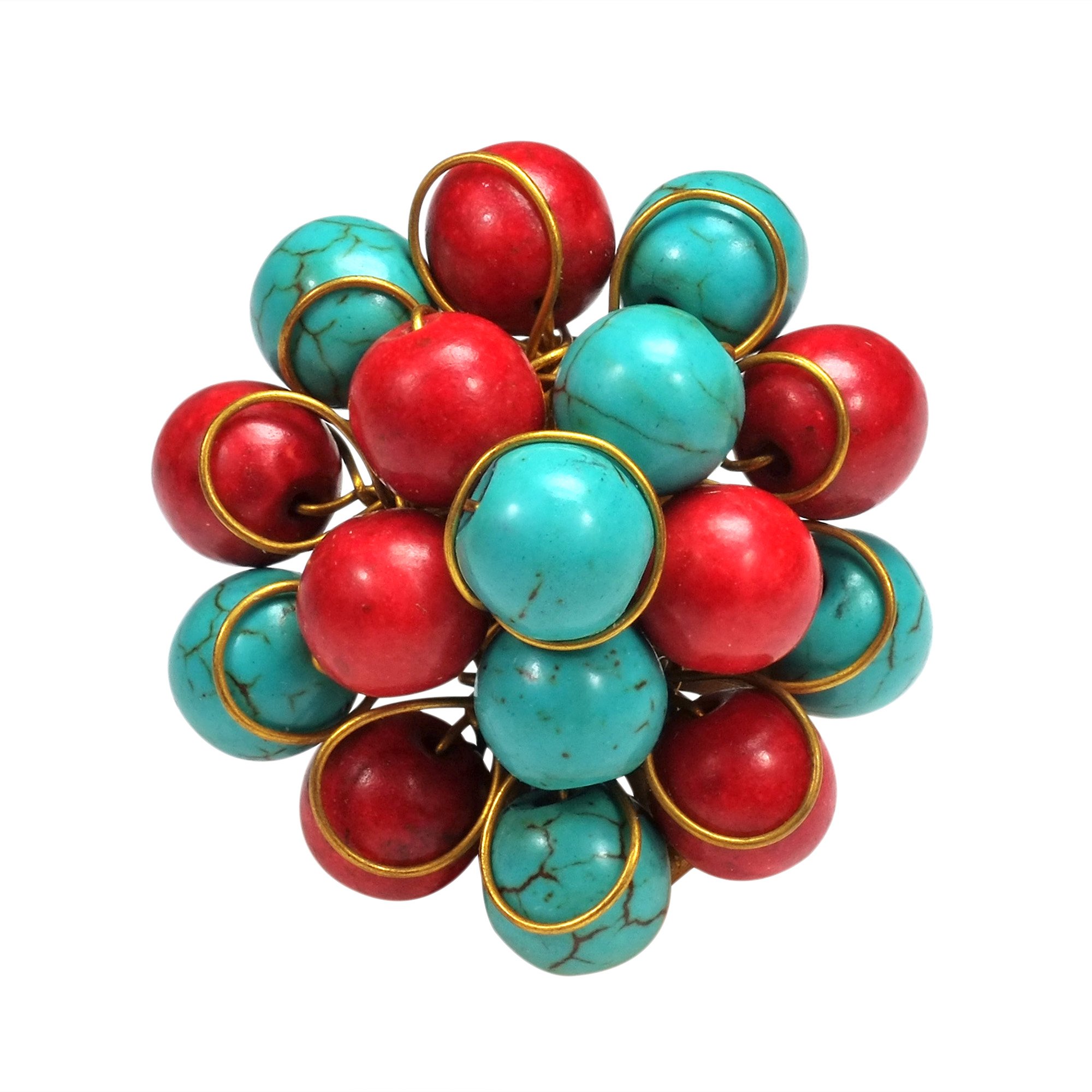 AeraVida Stylish Oversized Simulated Blue Turquoise & Reconstructed Red Coral Beaded Cluster with Brass Wire Adjustable Fit Statement Ring