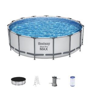 bestway steel pro max 15 foot by 48 inches round above ground family swimming pool set outdoor steel frame with filter, pump, ladder, and cover, gray