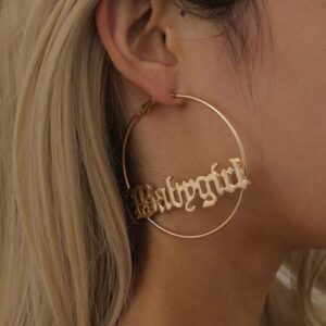 Fashion Retro Word Hoop Earrings Hip-Hop Golden Big Hollow Round Circle Letter Earrings Exaggerated Personality Geometric Punk Party Jewelry for Women-E