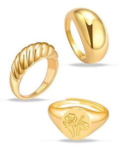 morotole 3pcs chunky gold rings set for women thick dome rings 18k gold plated croissant braided twisted stacking round signet rings jewelry size 6-10