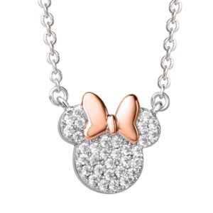 disney jewelry, minnie mouse cubic zirconia pendant necklace, silver plated, pink plated, 16+2" extender