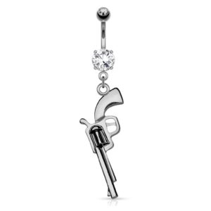 pierced owl 14ga 316l stainless steel prong set cz crystal gun dangling belly button ring (hematite)