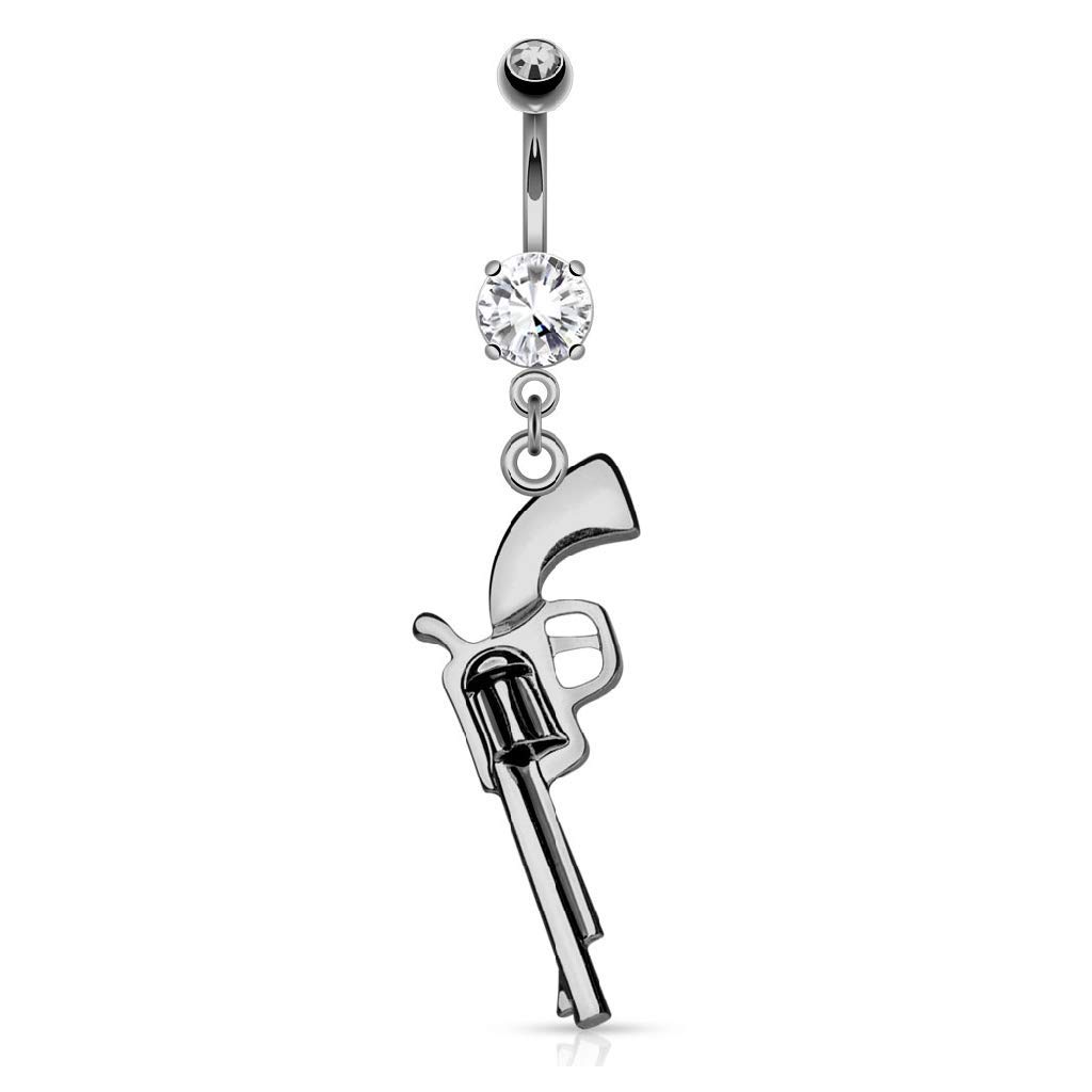 Pierced Owl 14GA 316L Stainless Steel Prong Set CZ Crystal Gun Dangling Belly Button Ring (Hematite)