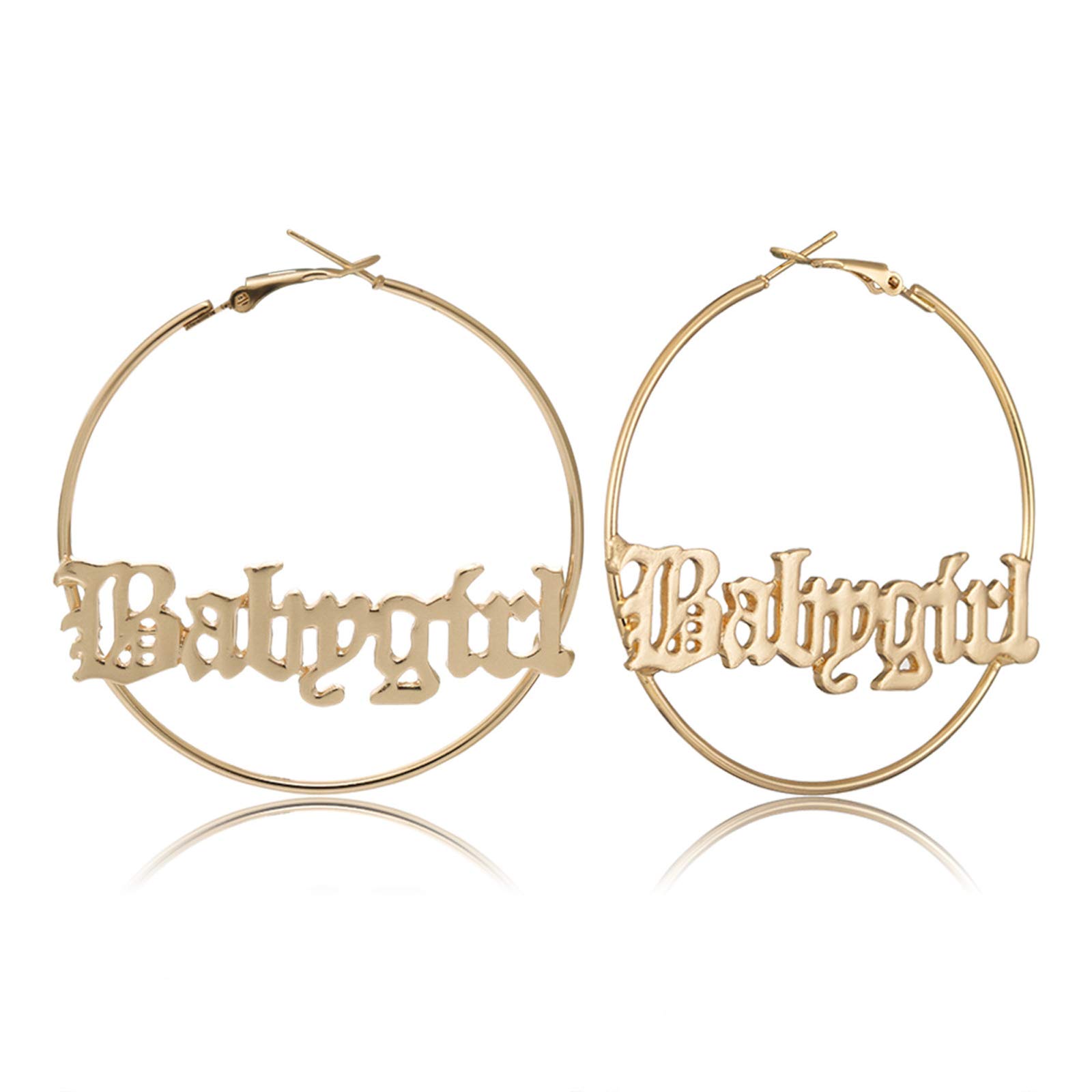 Fashion Retro Word Hoop Earrings Hip-Hop Golden Big Hollow Round Circle Letter Earrings Exaggerated Personality Geometric Punk Party Jewelry for Women-E