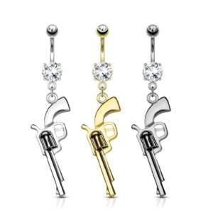 Pierced Owl 14GA 316L Stainless Steel Prong Set CZ Crystal Gun Dangling Belly Button Ring (Hematite)