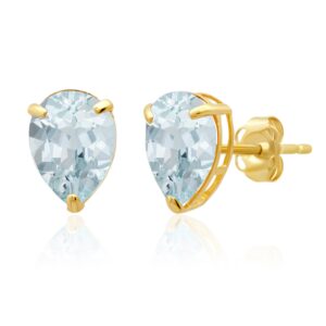 max + stone 14k yellow gold teardrop blue aquamarine pear shape stud earrings for women with push backs and 8mm x 6mm march birthstone