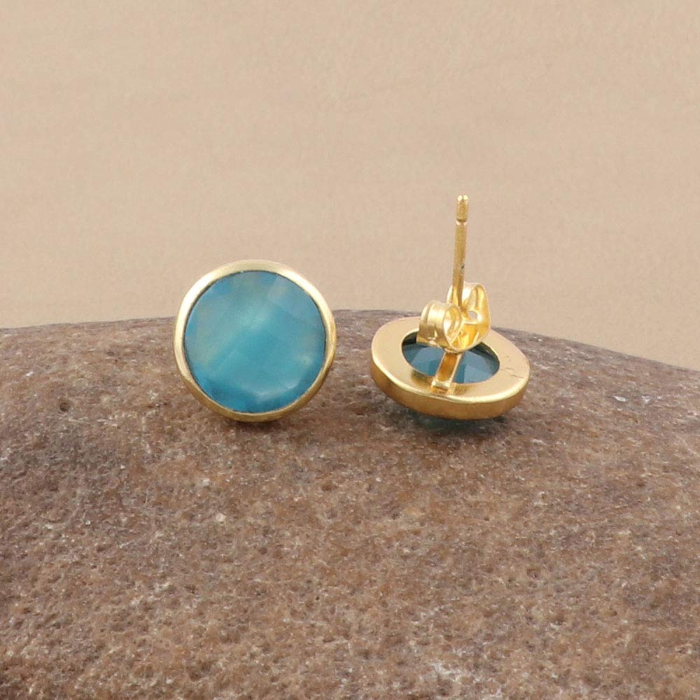 Faceted Round Shape Stud Style Earring Blue Chalcedony Stud Earrings Gold Plated Brass Fashion Jewelry Gift For Women & Girls