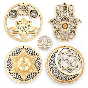 5.31" sacred geometry wall art 4 pcs set, (sacred lotus, hamsa hand, soul star, union sun moon) crystal grid meditation chakra wooden wall art yoga decor spiritual gifts