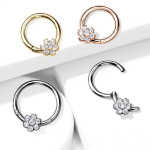 Pierced Owl 16-18GA G23 Implant Grade Titanium CZ Crystal Flower Cartilage Helix Daith Septum Nose Hinged Segment Ring (Silver Tone, 16GA / 8mm)