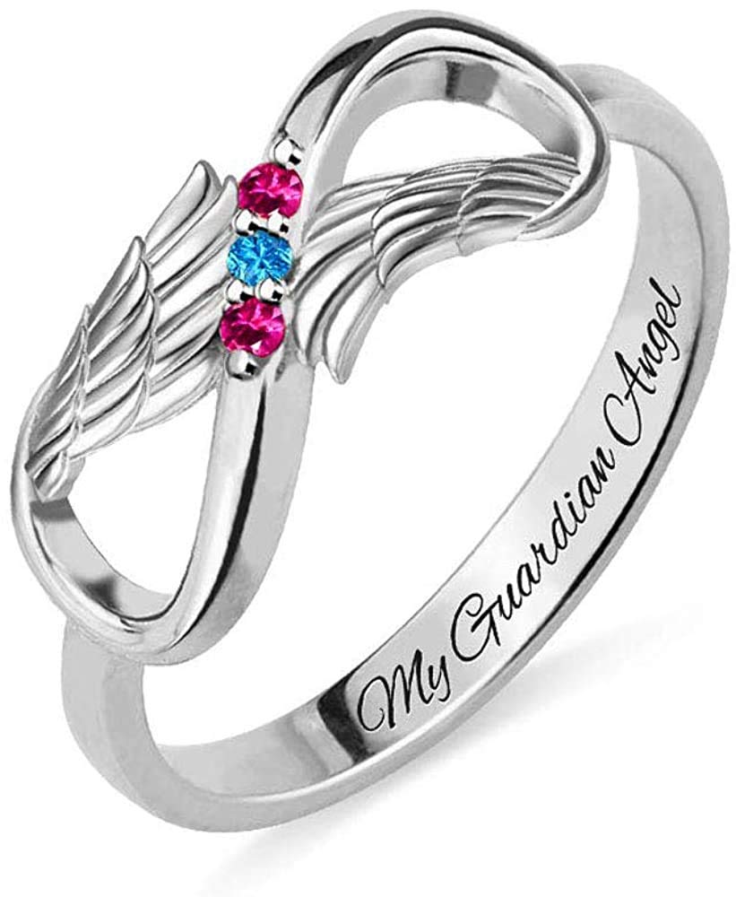 EBAT Angel Wings Ring for Women Angels Wing Birthstone Rings Mothers Day With 3 Birthstones Mother Daughter Ring Infinity Personalized Engraved Custom Name Sterling Silver Mom (1)