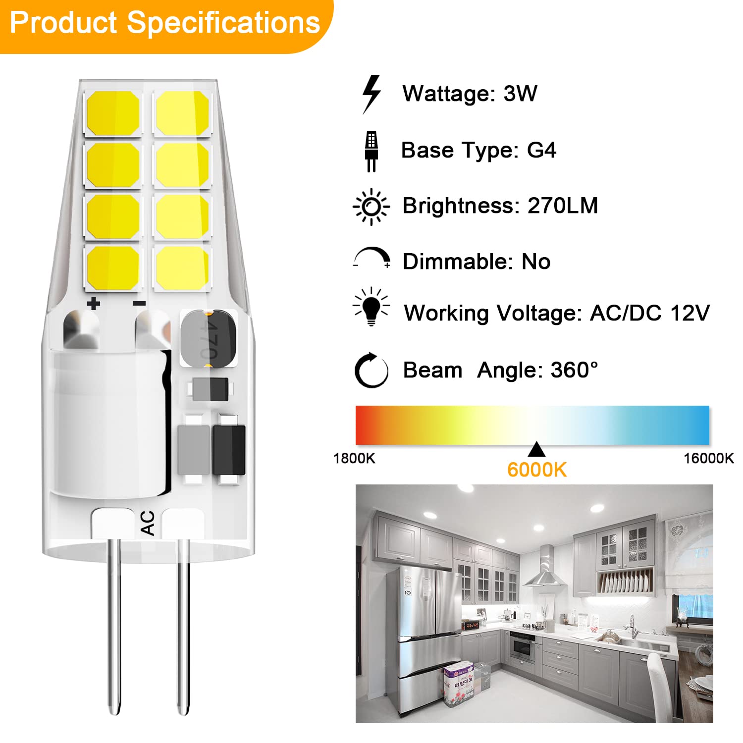 DUMILOO G4 LED Bulb T3 JC Bi-Pin Base 3W AC/DC 12V Daylight White 6000K 20W-25W Halogen Bulb Replacement for Under Cabinet Puck Light, Chandelier, RV, Landscape Lighting (6 Pack)