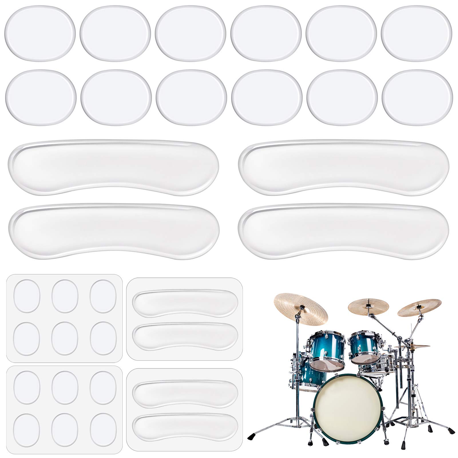 MIKIMIQI Drum Dampeners Gel Pads, 12 Pcs Round Silicone Drum Silencers and 4 Pcs Long Clear Soft Drum Dampening Gel Pads Transparent Drum Mute Pads for Drums Tone Control