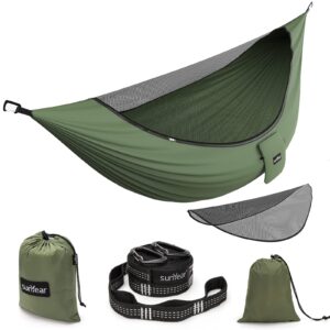 sunyear camping hammock with removable no see-um net, double & single portable outdoor hammocks parachute lightweight nylon with tree straps for adventures hiking backpacking green