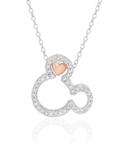 disney womens mickey mouse necklace sterling silver 18" - cubic zirconia mickey mouse and pink heart pendant necklace jewelry for women