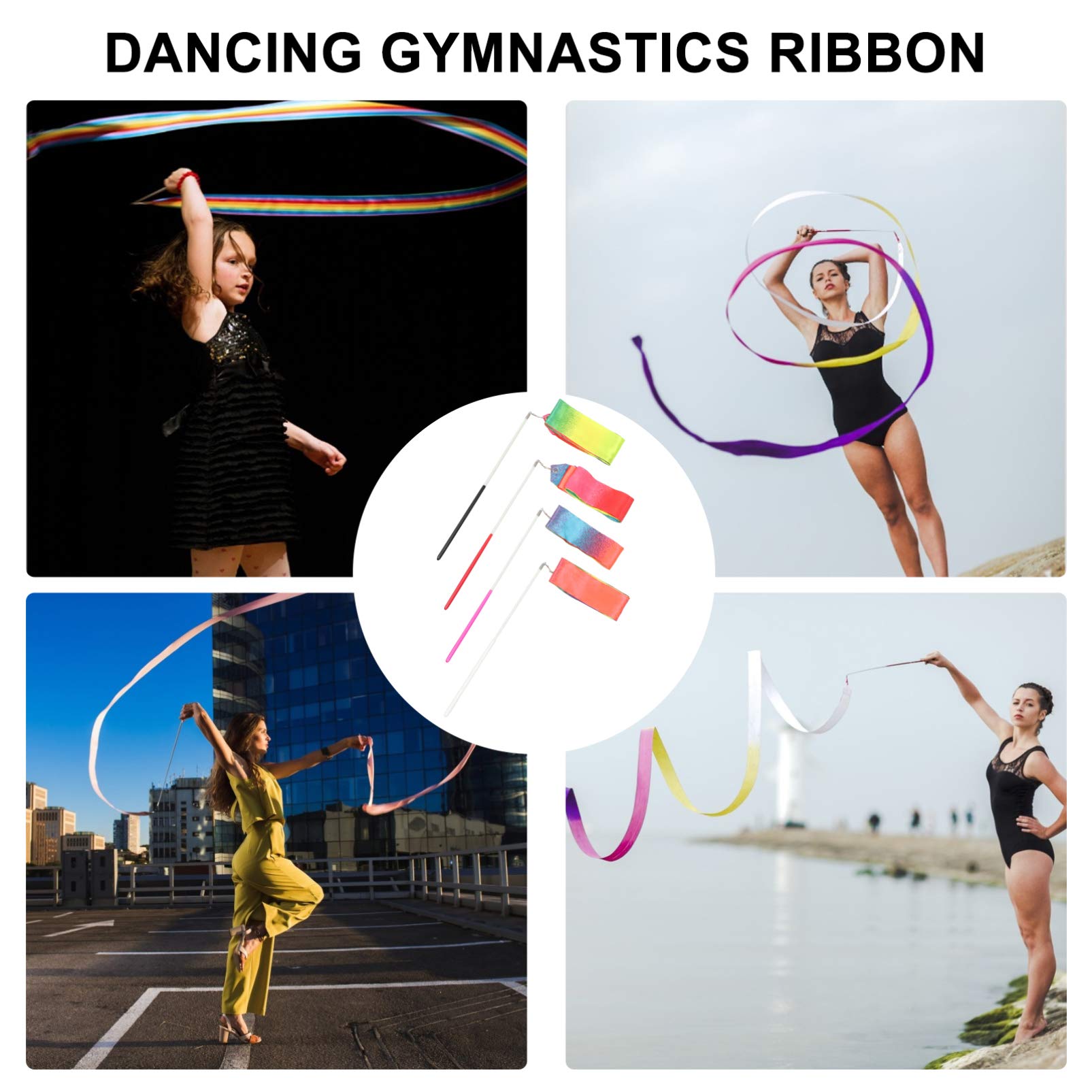 Garneck Dance Silk Ribbon Streamers Gymnastics Rhythmic Artistic Twirling Ribbons Rods for Kids Adults Dance Performance and Games 4pcs