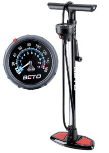 beto bike pump portable - bicycle floor pump with industrial top-mounted gauge & air bleed button - presta schrader valve universal, steel tube 160 psi max