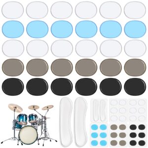 mikimiqi drum dampeners gel pads, 30 pcs round silicone drum silencers and 2 pcs long clear soft drum dampening gel pads drum mute pads for drums tone control, 4 colors