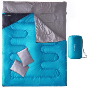 tuphen double sleeping bag with 2 pillows, queen size xl bag for 2 people, cold warm weather- 3 seasons, waterproof adults sleeping bag for camping, backpacking or hiking