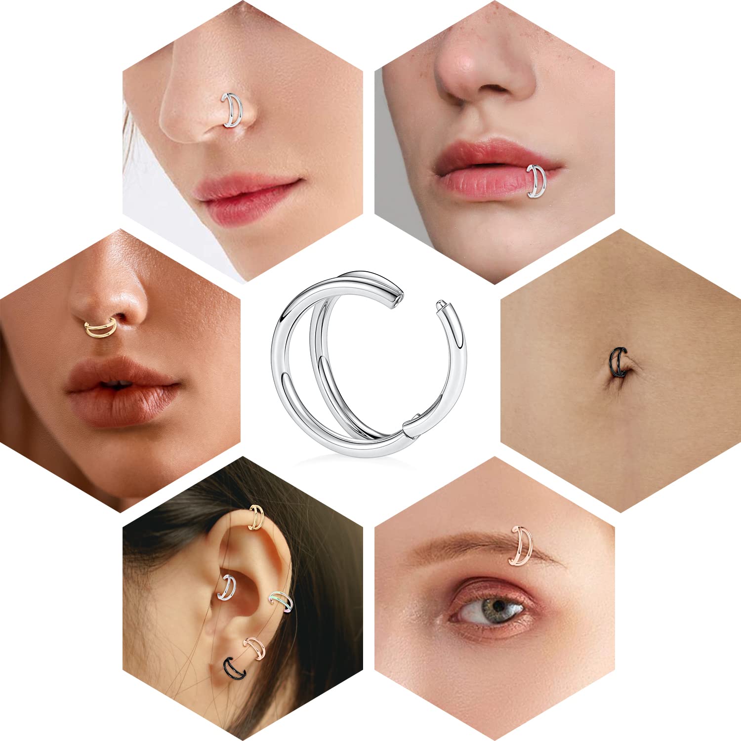 FUNLMO Septum Clicker Nose Rings Triple Double Open Stack Conch Daith Piercing Jewelry Cartilage Earring Hoop Surgical Steel Conch Daith Helix Rook Lobe Earring 18G 16G